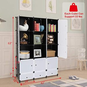 VINGLI Portable Closet Shelves, 12 Cube Clothes Organizer, Plastic Playroom Storage, Storage Closet, DIY Cube Storage Organizer with Doors and Hanging Rods