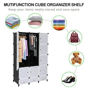 VINGLI Portable Closet Shelves, 12 Cube Clothes Organizer, Plastic Playroom Storage, Storage Closet, DIY Cube Storage Organizer with Doors and Hanging Rods