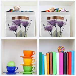 Tulip Square Storage Basket Purple Flower Storage Bins Canvas Storage Organizer Closet Shelf Organizer for Home Office, 1 Pc