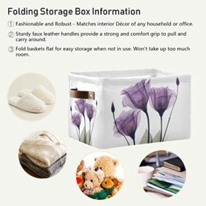 Tulip Square Storage Basket Purple Flower Storage Bins Canvas Storage Organizer Closet Shelf Organizer for Home Office, 1 Pc