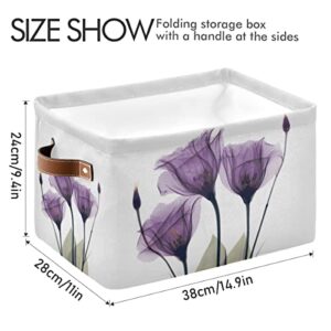 Tulip Square Storage Basket Purple Flower Storage Bins Canvas Storage Organizer Closet Shelf Organizer for Home Office, 1 Pc