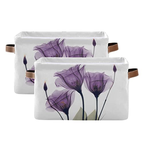 Tulip Square Storage Basket Purple Flower Storage Bins Canvas Storage Organizer Closet Shelf Organizer for Home Office, 1 Pc