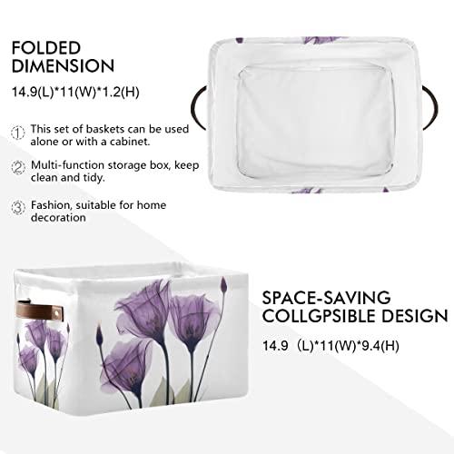 Tulip Square Storage Basket Purple Flower Storage Bins Canvas Storage Organizer Closet Shelf Organizer for Home Office, 1 Pc