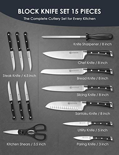 Kitchen Knife Set - 1829 CARL SCHMIDT SOHN 15 Pieces Knife Block Set with Sharpener, Forged Stainless Steel, Professional Chef Block Set with Ergonomic Handle, Kitchen Tool Set, World-Class Sharpness