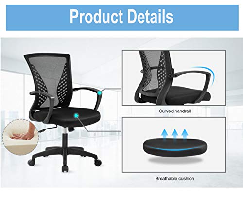 Home Office Chair Ergonomic Computer Desk Chair Mesh Task Chair with Lumbar Support Swivel Rolling Office Chairs Adjustable Mid Back Mesh Chair for Adults, Black