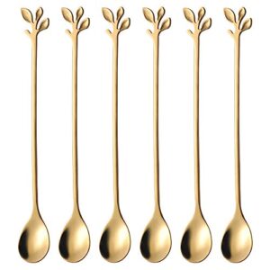 ansaw long handle 7.4-inch leaf teaspoons set, 6 pcs gold stainless steel coffee stirring spoon