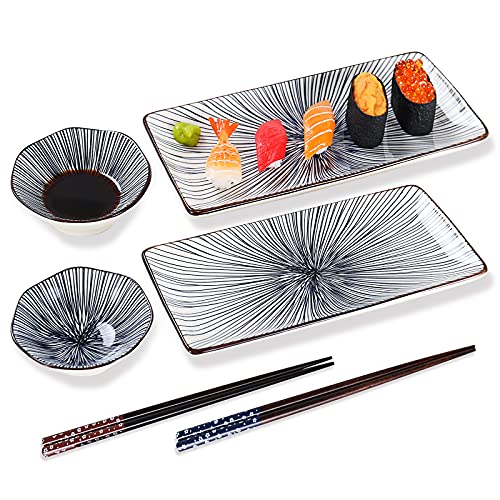 Relaxing Garden 6 piece sushi plate set, 10-inch ceramic rectangle sushi dishes, sushi serving set for 2, with 2 sushi plates 2 sauce bowls 2 pairs of chopsticks