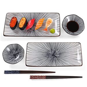 Relaxing Garden 6 piece sushi plate set, 10-inch ceramic rectangle sushi dishes, sushi serving set for 2, with 2 sushi plates 2 sauce bowls 2 pairs of chopsticks