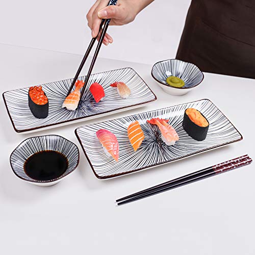 Relaxing Garden 6 piece sushi plate set, 10-inch ceramic rectangle sushi dishes, sushi serving set for 2, with 2 sushi plates 2 sauce bowls 2 pairs of chopsticks