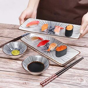 Relaxing Garden 6 piece sushi plate set, 10-inch ceramic rectangle sushi dishes, sushi serving set for 2, with 2 sushi plates 2 sauce bowls 2 pairs of chopsticks