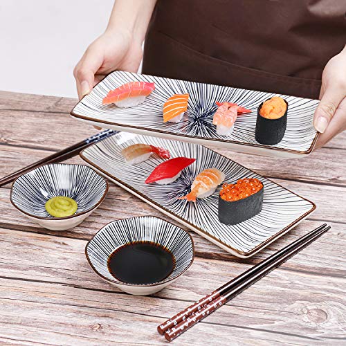 Relaxing Garden 6 piece sushi plate set, 10-inch ceramic rectangle sushi dishes, sushi serving set for 2, with 2 sushi plates 2 sauce bowls 2 pairs of chopsticks