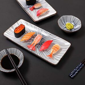 Relaxing Garden 6 piece sushi plate set, 10-inch ceramic rectangle sushi dishes, sushi serving set for 2, with 2 sushi plates 2 sauce bowls 2 pairs of chopsticks