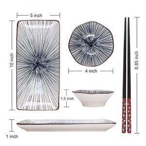 Relaxing Garden 6 piece sushi plate set, 10-inch ceramic rectangle sushi dishes, sushi serving set for 2, with 2 sushi plates 2 sauce bowls 2 pairs of chopsticks