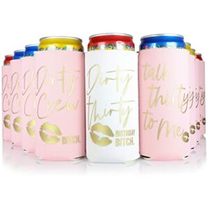 birthday slim can coolers (10, dirty thirty birthday pink & gold)