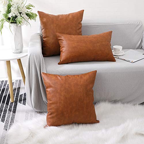 KKY Faux Leather Farmhouse Throw Pillow Cover 18x18 inch, Modern Country Style Decorative Throw Pillow Cover for Bedroom Living Room Sofa Brown Accent Pillows.(Full Leather 2PC, 18x18 inch)