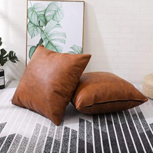 KKY Faux Leather Farmhouse Throw Pillow Cover 18x18 inch, Modern Country Style Decorative Throw Pillow Cover for Bedroom Living Room Sofa Brown Accent Pillows.(Full Leather 2PC, 18x18 inch)