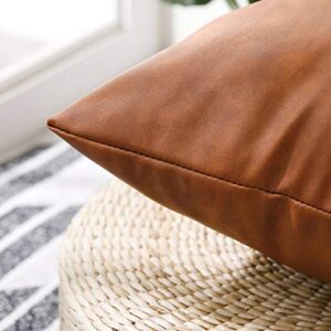 KKY Faux Leather Farmhouse Throw Pillow Cover 18x18 inch, Modern Country Style Decorative Throw Pillow Cover for Bedroom Living Room Sofa Brown Accent Pillows.(Full Leather 2PC, 18x18 inch)