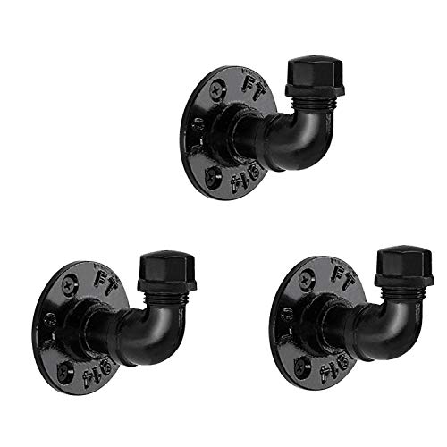 Pynsseu Industrial Pipe Hooks 3 Pack, Pynsseu Iron Robe and Towel Hook, Heavy Duty DIY Wall Mounted Rustic Coat Hanger Hat Holder, Matte Black Hook