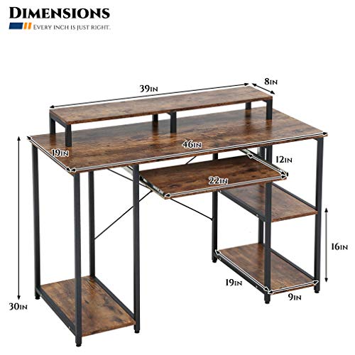 FDW Computer Desk 46" Gaming Writing Desk with Keyboard Tray/Monitor Stand Shelf/Storage Shelves/CPU Stand for Home Office