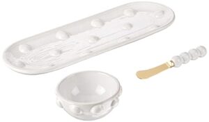 mud pie dotted dip and tray set, size 5" x 14" 2" x 4 1/4" dia | spreader 6 1/2", white