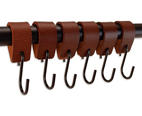 Brute Strength - Multifunctional Leather S-Hooks - Cognac - 6 Pieces - S Shaped Hooks - Coat Hook - Leather Hooks - Leather s Hooks - Black s Hooks - Kitchen Hooks