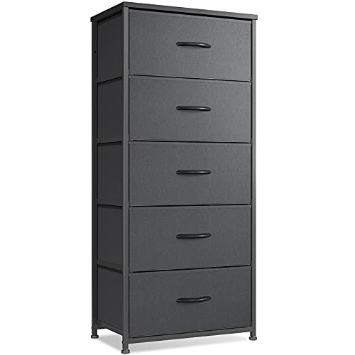 CubiCubi Dresser for Bedroom, Tall Kids Bedroom Fabric Dresser 5 Drawer Vertical Dresser Storage Tower Organizer Unit for Hallway Entryway Closets, Steel Frame Wood Top, Black Grey