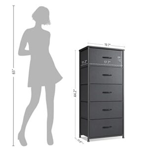 CubiCubi Dresser for Bedroom, Tall Kids Bedroom Fabric Dresser 5 Drawer Vertical Dresser Storage Tower Organizer Unit for Hallway Entryway Closets, Steel Frame Wood Top, Black Grey