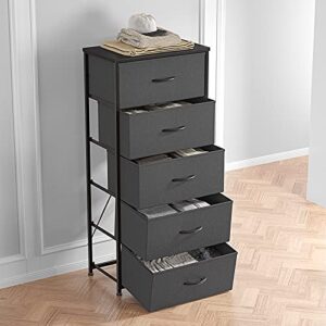 CubiCubi Dresser for Bedroom, Tall Kids Bedroom Fabric Dresser 5 Drawer Vertical Dresser Storage Tower Organizer Unit for Hallway Entryway Closets, Steel Frame Wood Top, Black Grey