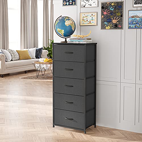 CubiCubi Dresser for Bedroom, Tall Kids Bedroom Fabric Dresser 5 Drawer Vertical Dresser Storage Tower Organizer Unit for Hallway Entryway Closets, Steel Frame Wood Top, Black Grey