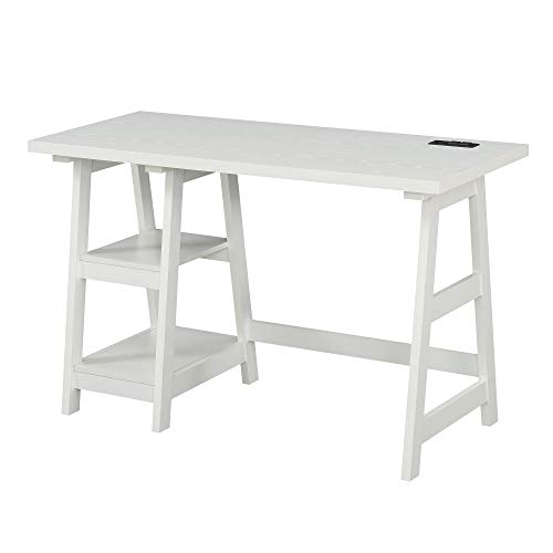 Convenience Concepts Designs2Go Trestle Desk with Charging Station and Shelves, White