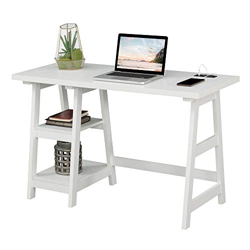 Convenience Concepts Designs2Go Trestle Desk with Charging Station and Shelves, White