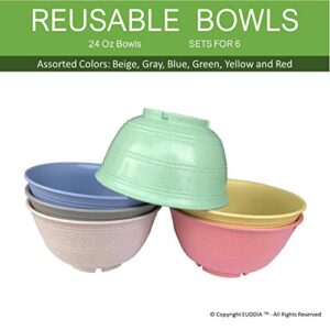 EUODIA 24 Oz Unbreakable Wheat Straw Plastic Deep Bowls for Cereal, Popcorn, Soup, Rice, Salad, Snack, Dessert & Noodle (Set of 6)-Dishwasher & Microwave Safe, Reusable, Lightweight & BPA Free