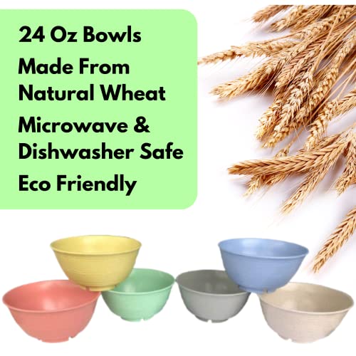 EUODIA 24 Oz Unbreakable Wheat Straw Plastic Deep Bowls for Cereal, Popcorn, Soup, Rice, Salad, Snack, Dessert & Noodle (Set of 6)-Dishwasher & Microwave Safe, Reusable, Lightweight & BPA Free