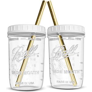 reusable wide mouth smoothie cups boba tea cups bubble tea cups with lids and gold straws mason jars glass cups (2-pack, 16 oz mason jars) brand capsule classic