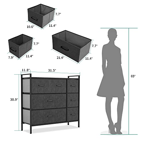 YITAHOME 7 Drawers Fabric Dresser, Furniture Storage Drawer Unit, Sturdy Steel Frame, Wooden Top & Easy Pull Fabric Bins, Organizer Tower Chest for Closet, Bedroom, Entryway, Nursery(Black Grey)