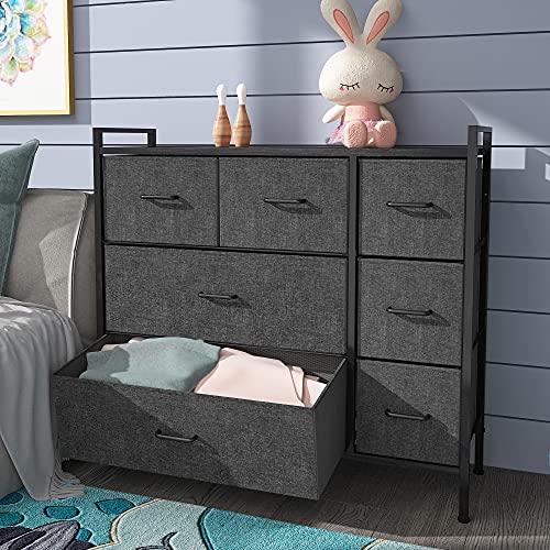 YITAHOME 7 Drawers Fabric Dresser, Furniture Storage Drawer Unit, Sturdy Steel Frame, Wooden Top & Easy Pull Fabric Bins, Organizer Tower Chest for Closet, Bedroom, Entryway, Nursery(Black Grey)