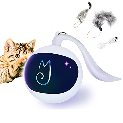 Migipaws Cat Toys, Automatic Moving Ball Bundle Classic Mice + Feather Kitten Toys in Pack. DIY N in 1 Pets Smart Electric Teaser, USB Rechargeable (White)