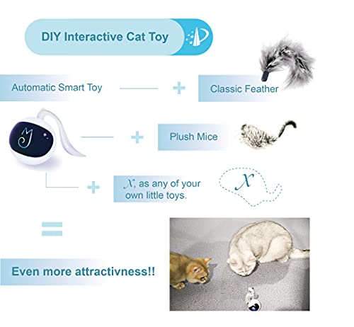 Migipaws Cat Toys, Automatic Moving Ball Bundle Classic Mice + Feather Kitten Toys in Pack. DIY N in 1 Pets Smart Electric Teaser, USB Rechargeable (White)