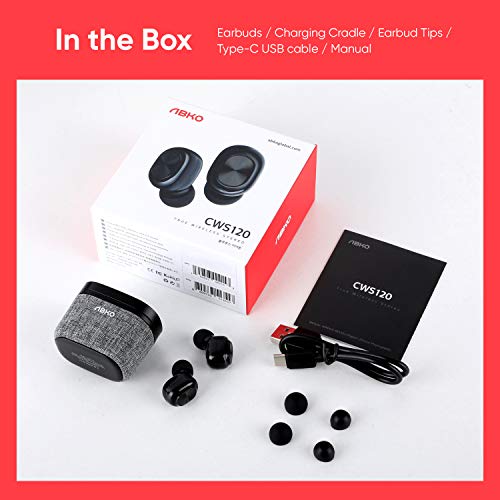 ABKO True Wireless Earbuds with Fabric Cradle Ultra Lightweight Compact Auto Pairing Bluetooth in-Ear Headphones USB-C Charging IPX4 Waterproof CWS120 Black