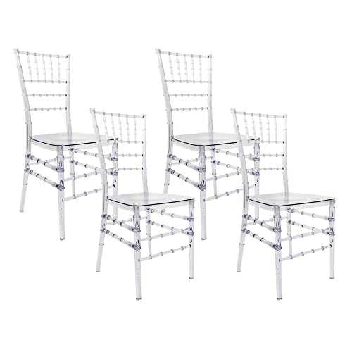 FOH FOHFurniture Set of 4 Acrylic Chiavari Chairs, Modern Clear Ghost Dining Chair, Crystal Transparent Seat, Plastic Shell Accent Side Chairs for Wedding Party Event Reception