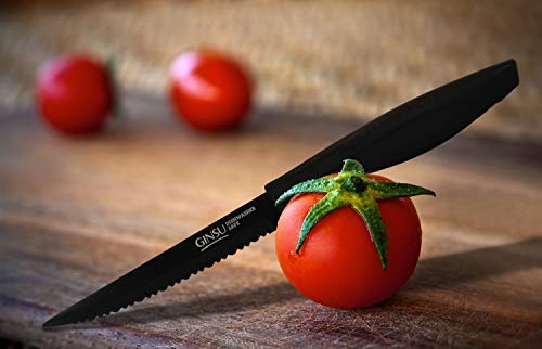 GINSU Daku Series Dishwasher Safe, Fade Resistant, Black Ceramic Coated, 6 Piece Steak Knife Set (DAK-KB-DS-006-1), 4.5 inches