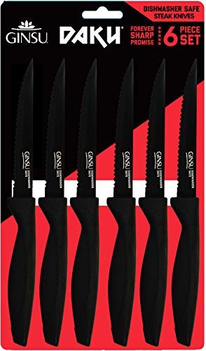 GINSU Daku Series Dishwasher Safe, Fade Resistant, Black Ceramic Coated, 6 Piece Steak Knife Set (DAK-KB-DS-006-1), 4.5 inches