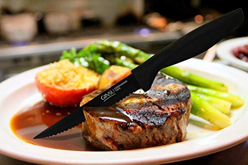 GINSU Daku Series Dishwasher Safe, Fade Resistant, Black Ceramic Coated, 6 Piece Steak Knife Set (DAK-KB-DS-006-1), 4.5 inches