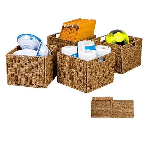 12.7" Foldable Seagrass Storage Basket with Iron Wire Frame by Trademark Innovations (Set of 4)