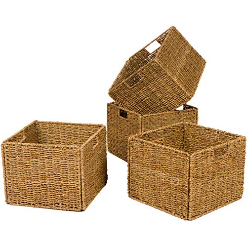 12.7" Foldable Seagrass Storage Basket with Iron Wire Frame by Trademark Innovations (Set of 4)