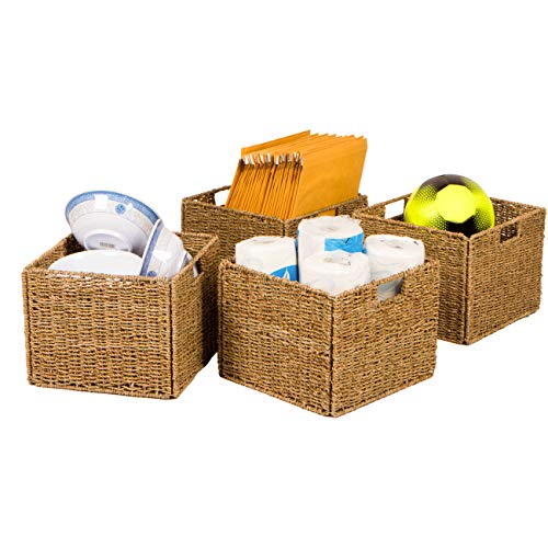 12.7" Foldable Seagrass Storage Basket with Iron Wire Frame by Trademark Innovations (Set of 4)