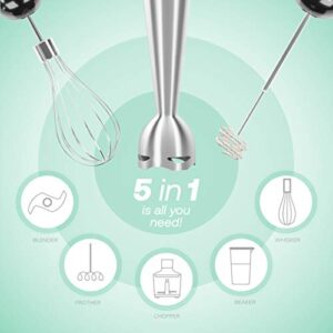 CHEFX 5-in-1 Immersion Blender - 9 Speed Ultra Powerful Stainless Steel Hand Mixer for Kitchen - Electric Handheld Stick Frother - Chop/Grind/Whisk/Froth/Blend - Turbo Mode - Food Grinder + Container