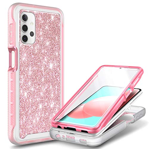 NZND Case for Samsung Galaxy A32 5G with [Built-in Screen Protector], Full-Body Protective Shockproof Rugged Bumper Cover, Impact Resist Durable Phone Case (Glitter Rose Gold)