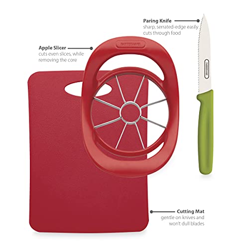 Farberware Healthy Eating Set (Apple Slicer, Paring Knife, Small Cutting Mat), 3-Piece, Red and Green