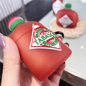 Ultra Thick Soft Silicone Case for Apple AirPods Pro 2019 with Keychain Hook Hot Pepper Sauce Red Bottle 3D Cartoon Food Shaped Cute Lovely Fun Funny Unique Creative Cool Kids Girls Women